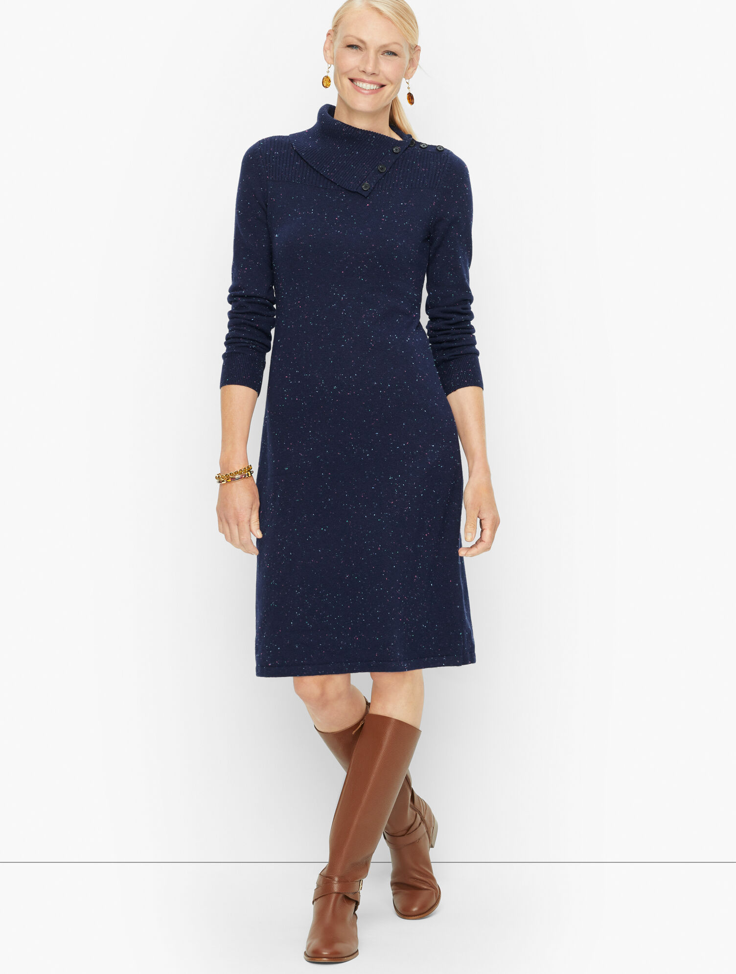 Button Split Neck Tweed Shift Dress | Talbots