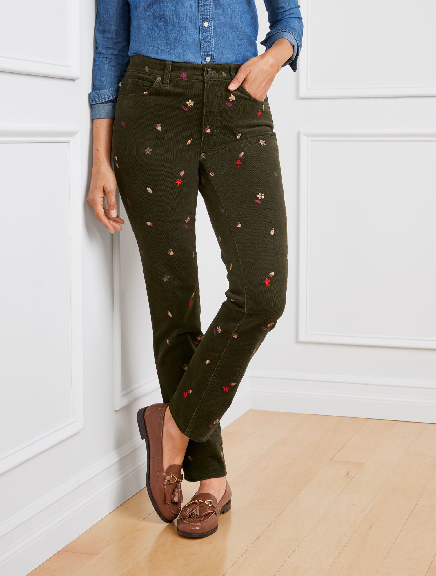 Stretch Corduroy Straight Leg Pants - Acorn Leaves | Talbots