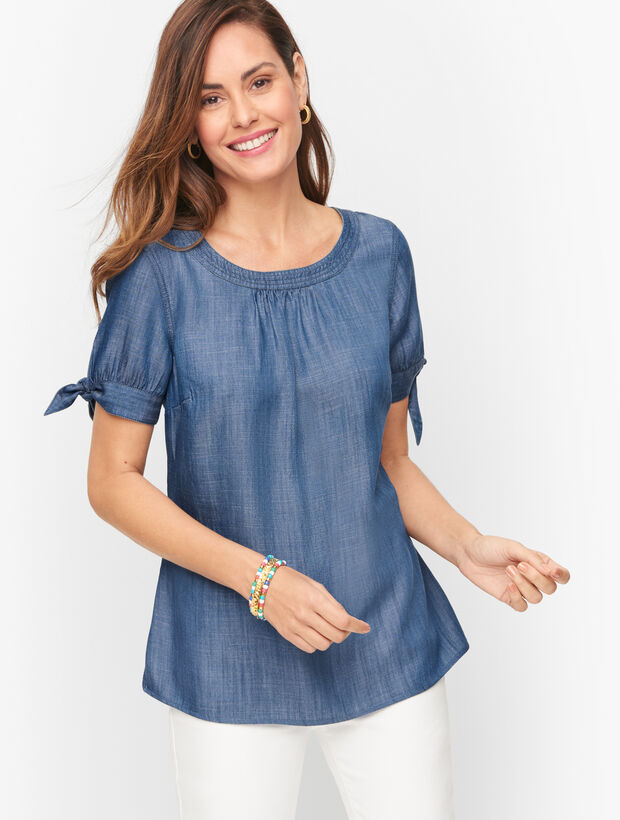 Denim Trapunto Tie Sleeve Top | Talbots