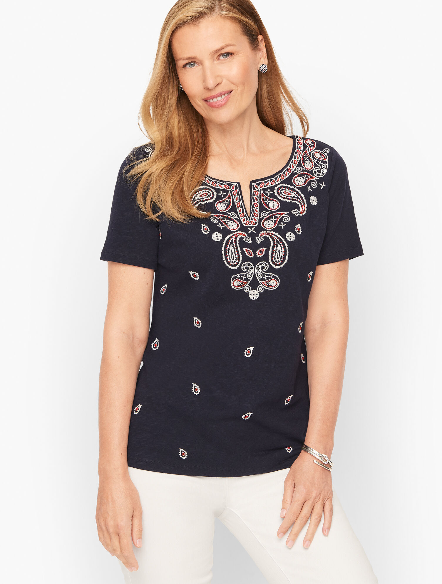 Embroidered Split Neck Tee | Talbots