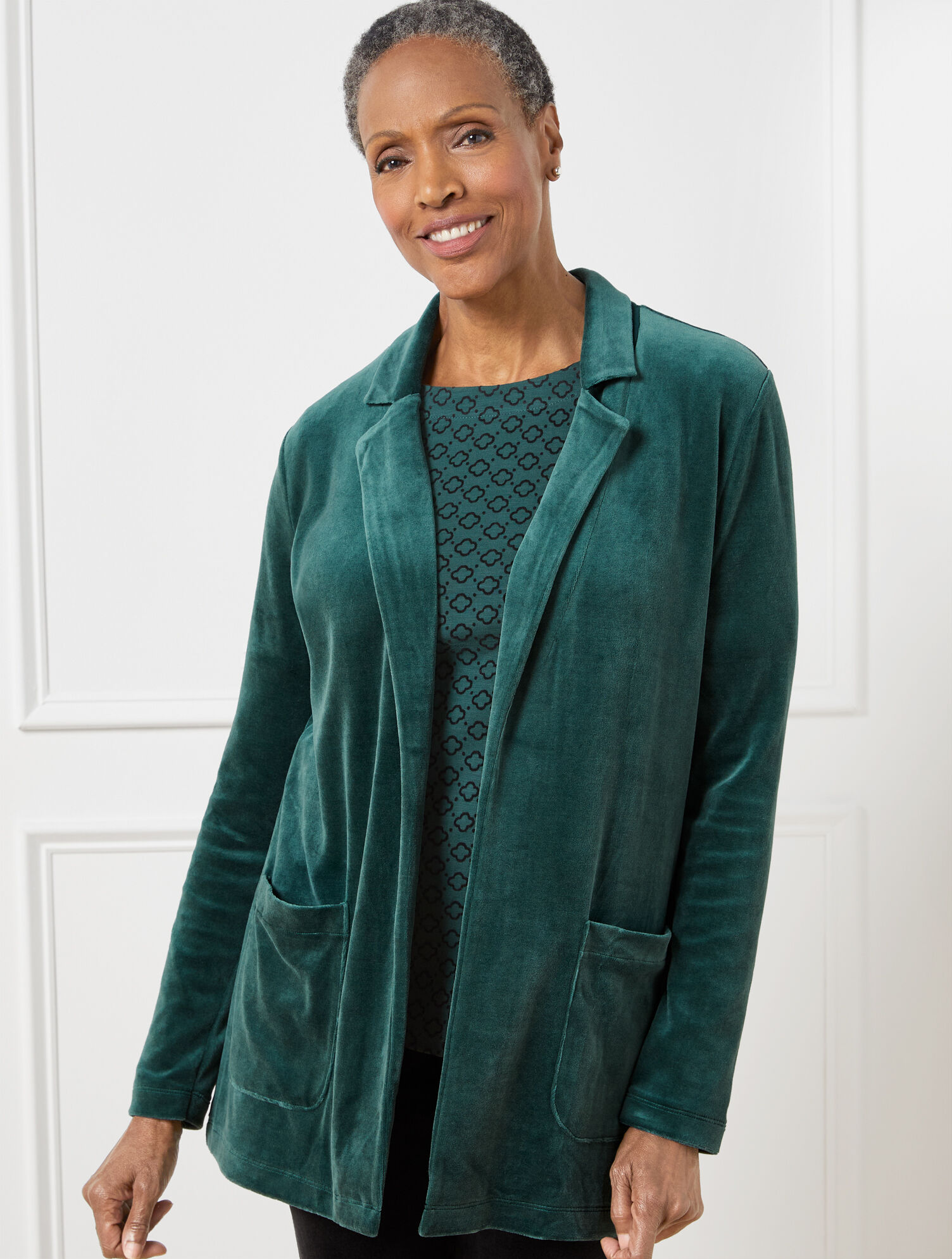 Luxe Velour Notch Collar Cardigan | Talbots