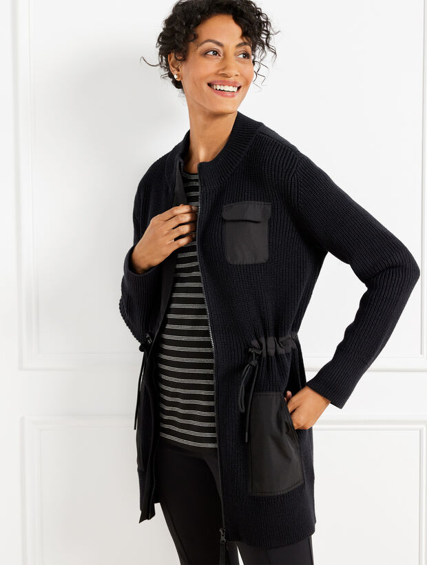 Drawcord Waist Woven Trim Sweater Jacket | Talbots