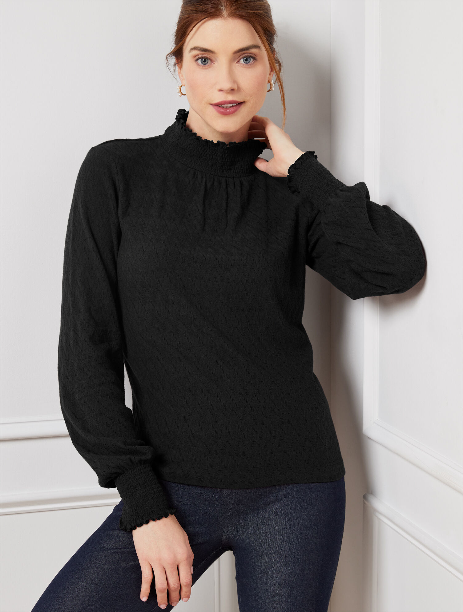 Jacquard Smocked Neck Knit Blouse | Talbots