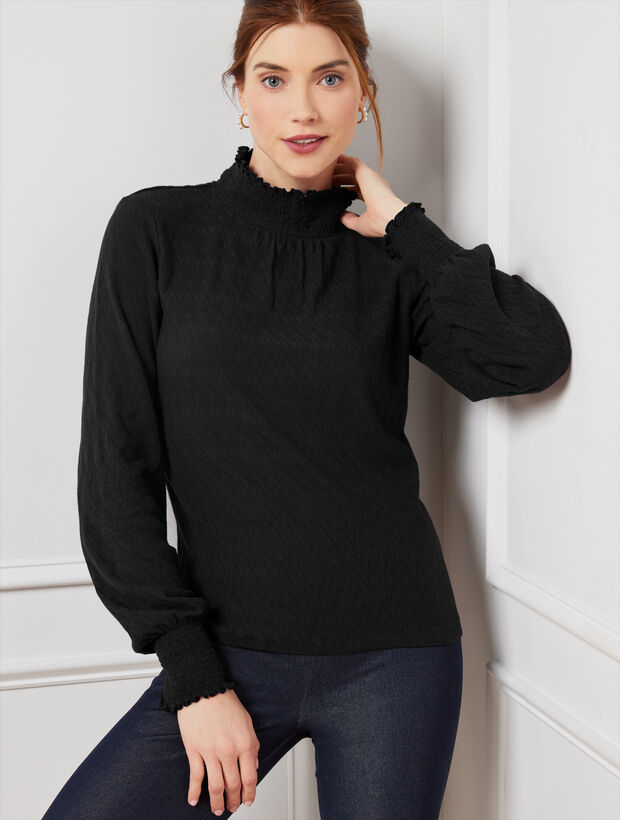Jacquard Smocked Neck Knit Blouse | Talbots