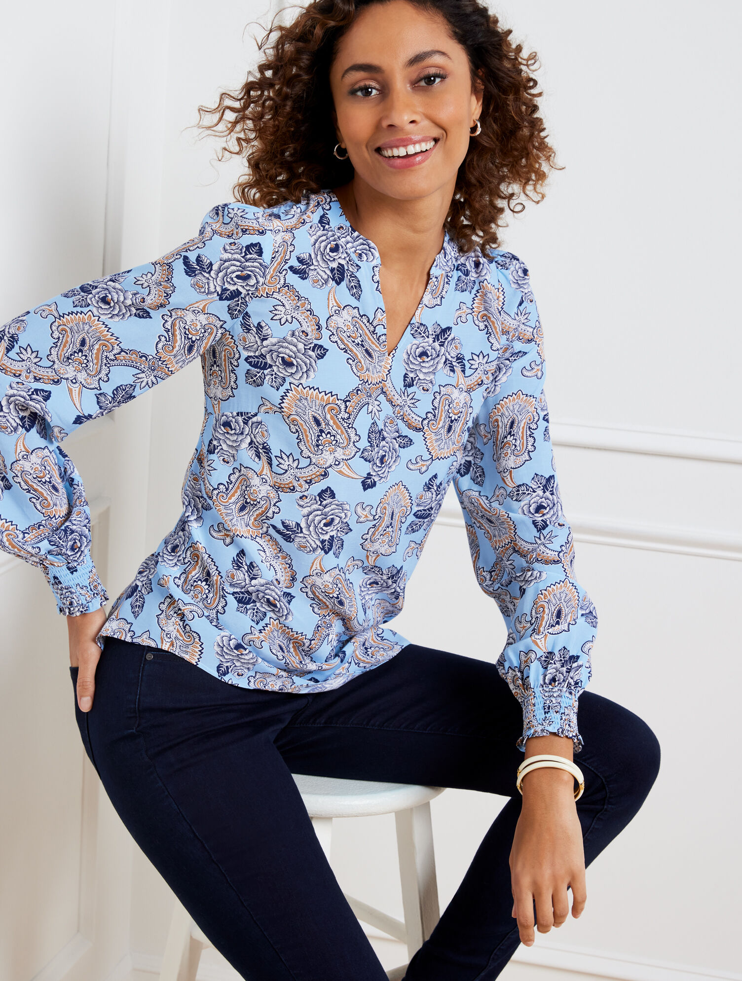 Smocked Cuff Popover - Medallion Rose | Talbots