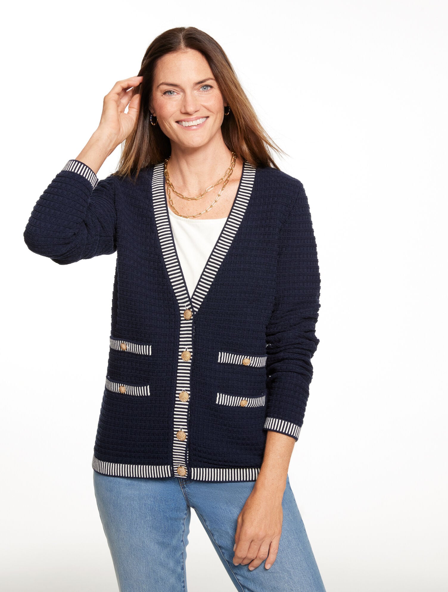 Plaited Trim V-Neck Cardigan | Talbots