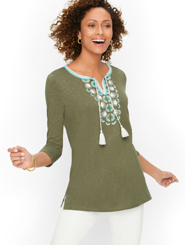 Embroidered Split Neck Tunic | Talbots