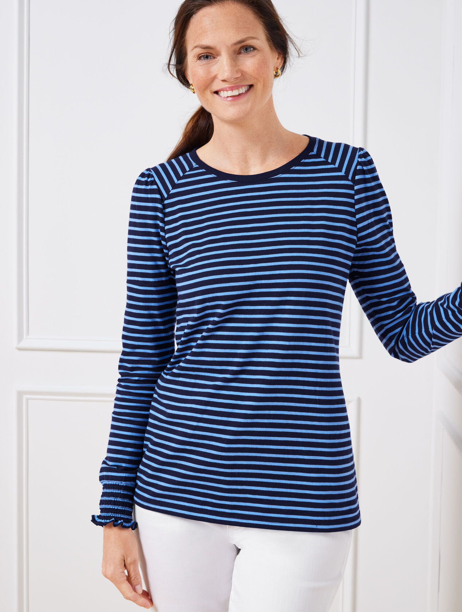 Atlantic Stripe Smocked Cuff Crewneck Tee | Talbots