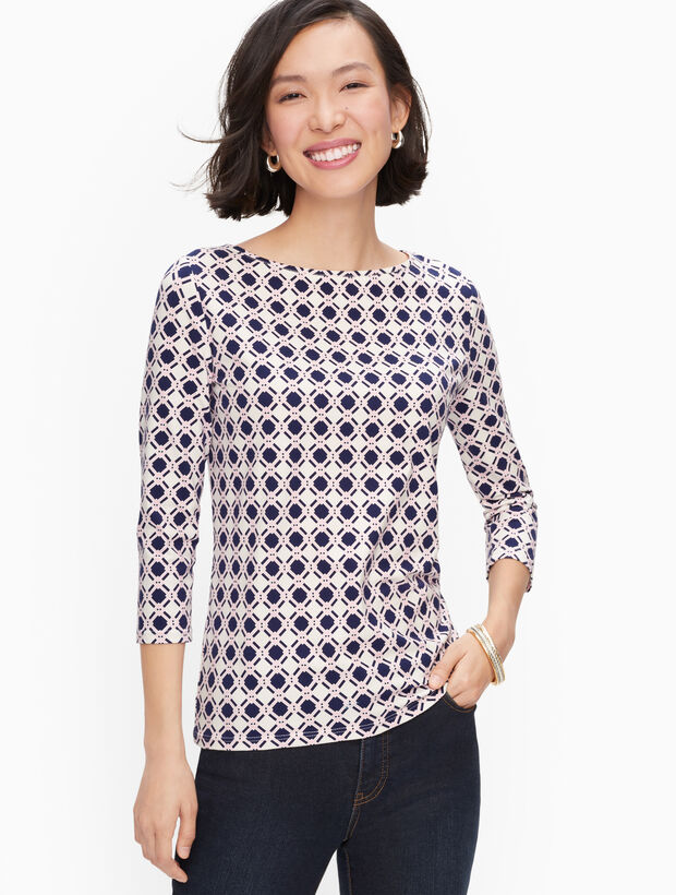 Cotton Bateau Neck Tee - Diamond Tile Print | Talbots
