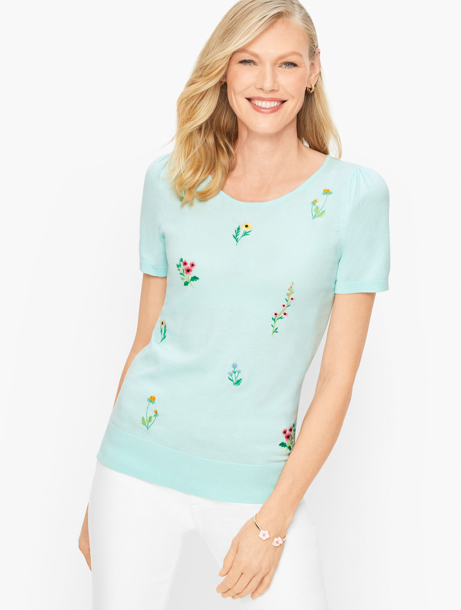 Cotton Blend Embroidered Wildflowers Sweater | Talbots