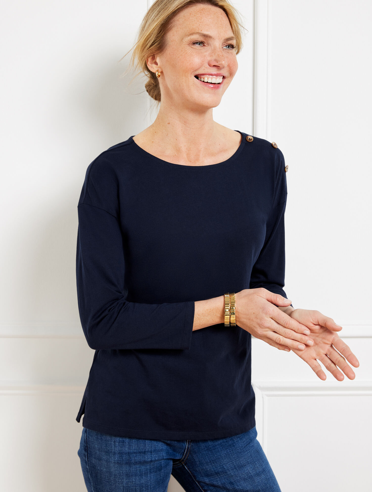 Button Shoulder Crewneck Tee | Talbots