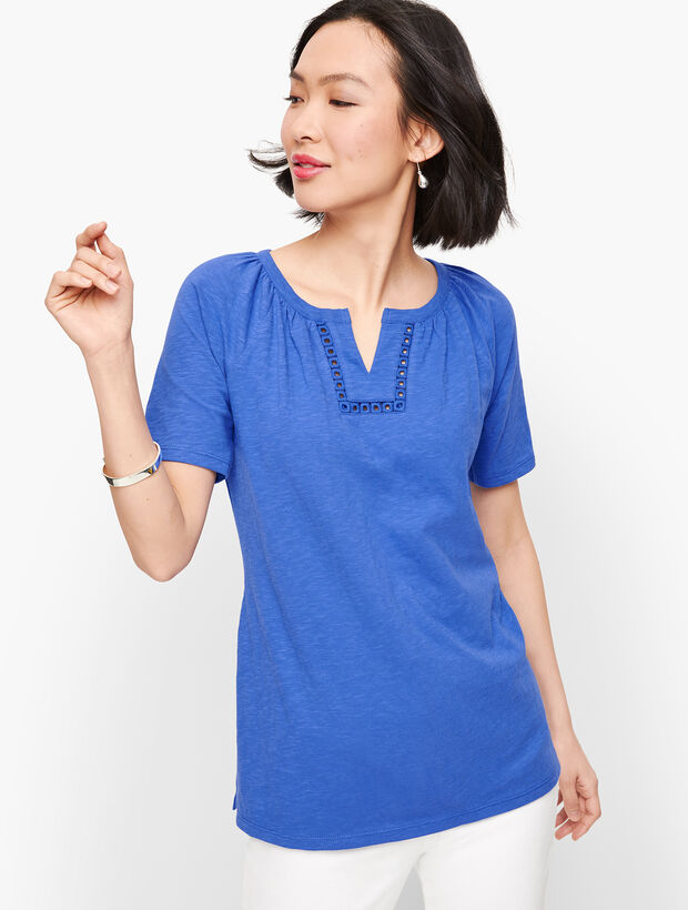 Lace Trim Split Neck Tee | Talbots