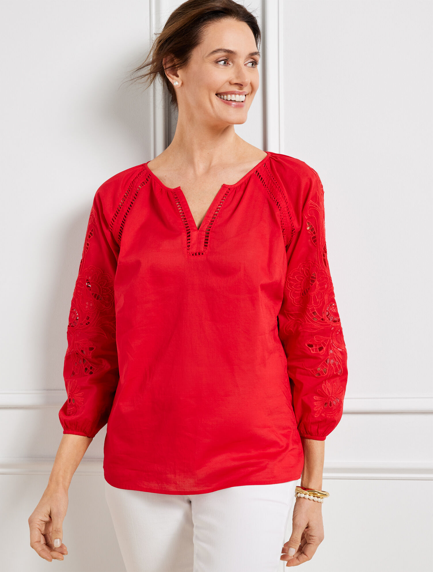 Embroidered Sleeve Voile Top | Talbots