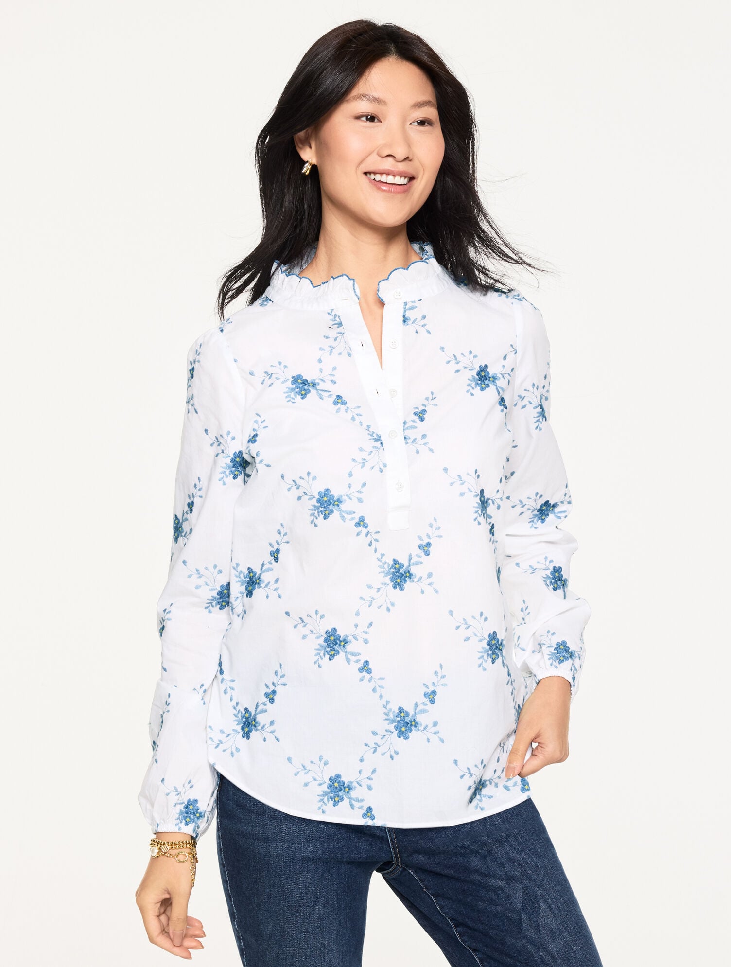 Embroidered Ruffle Top - Floral Cluster | Talbots