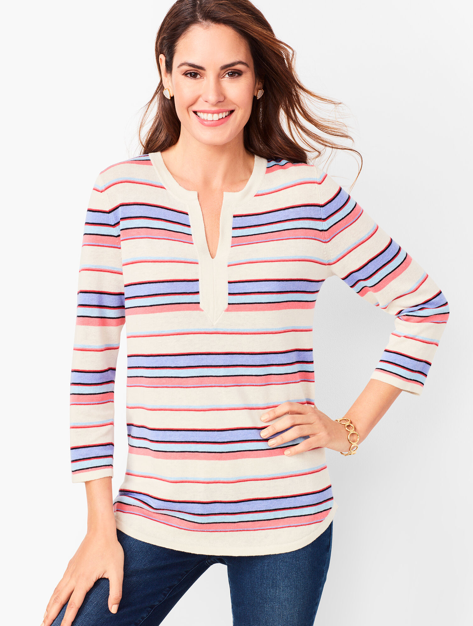 Linen-Blend Split-Neck Sweater - Stripe | Talbots