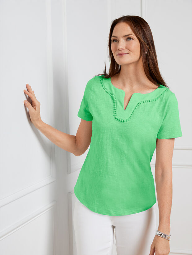 Dot Trim Split Neck Tee | Talbots