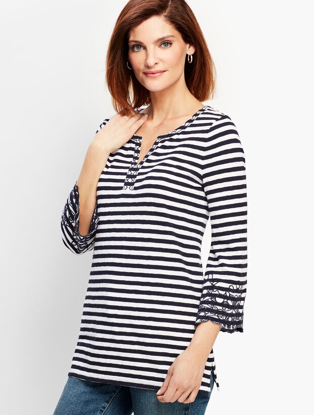 Ocean City Stripe Embroidered Flare-Sleeve Split-Neck Tunic | Talbots