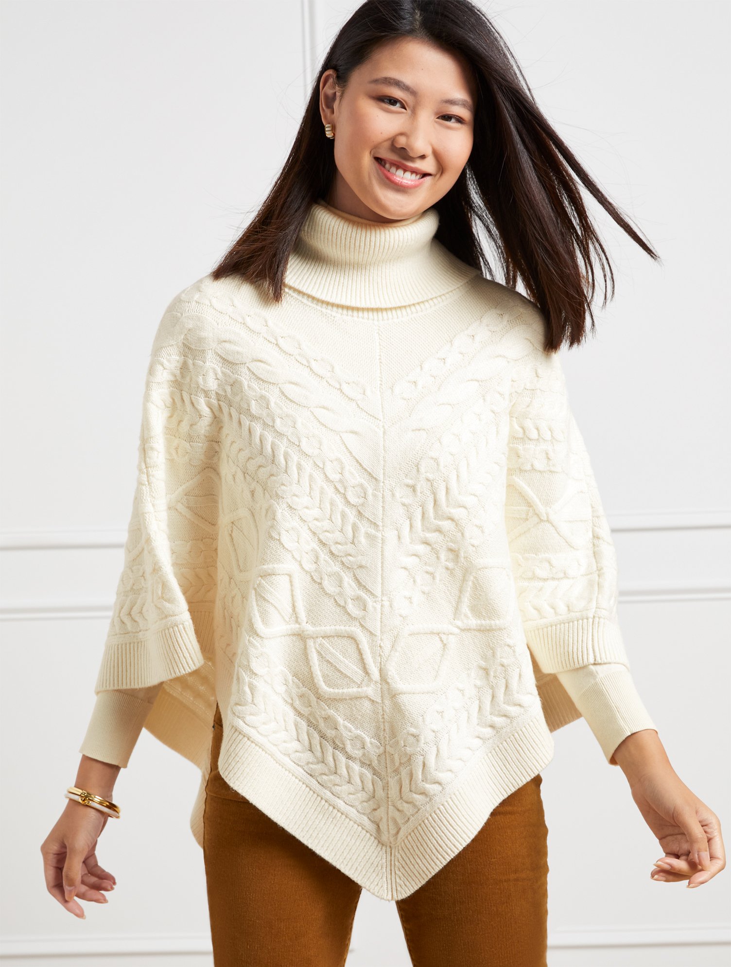 Talbots Cable Knit Triangle Poncho - Ivory - Large | ModeSens